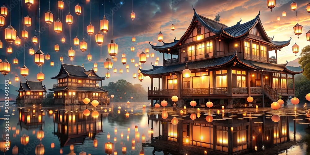 Magical building with glowing windows and floating lanterns, magic ...