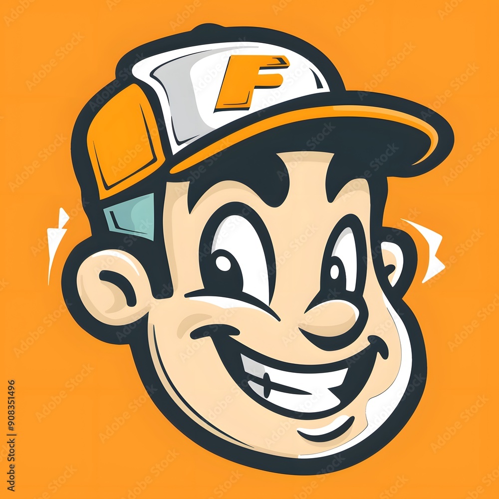 Cartoon character with a cap featuring the letter F, smiling, with ...