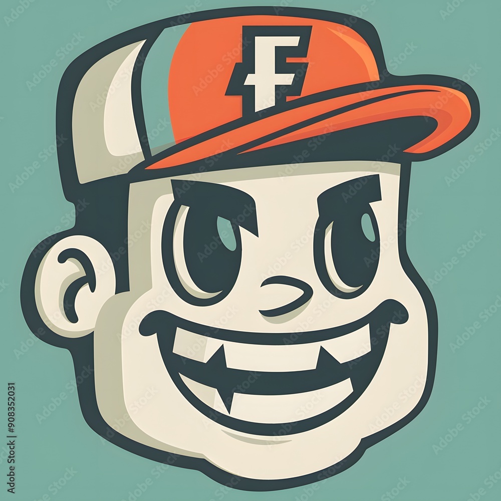 Cartoon character with a cap featuring the letter F, smiling, with ...