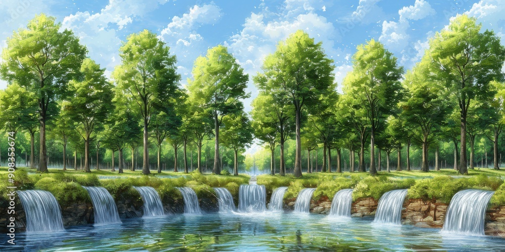 Serene Forest Waterfall Scene with Multiple Falls and Clear Reflective River Surrounded by Lush ...