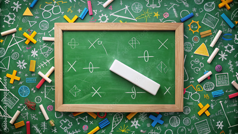 White subtraction sign on a green chalkboard surrounded by mathematical ...