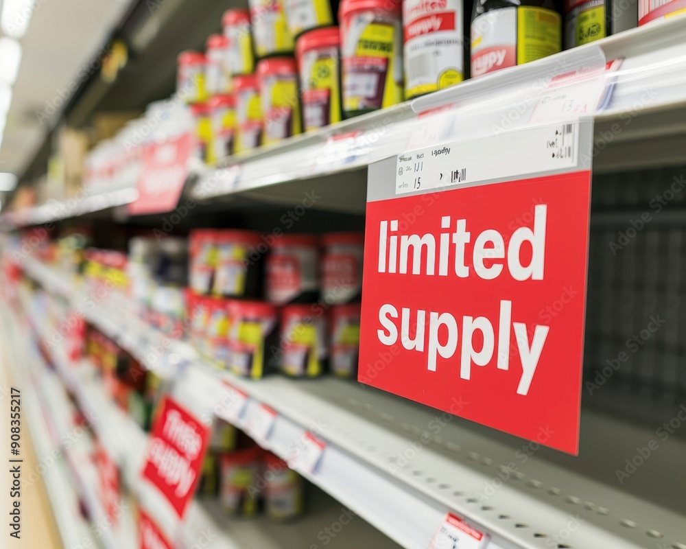 Red "Limited Supply" sign hanging in a grocery store aisle, indicating ...