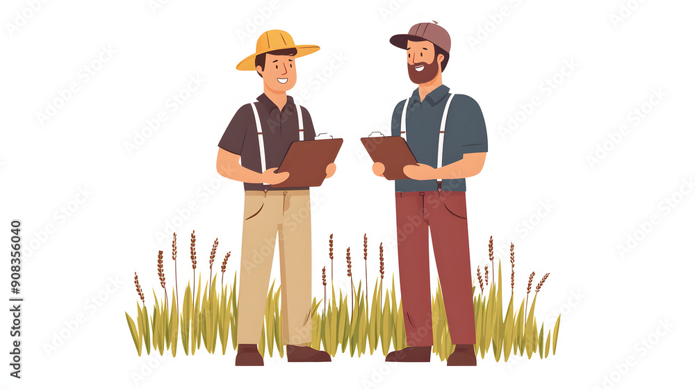 two farmers discussing data from clipboard on the farm isolated on ...