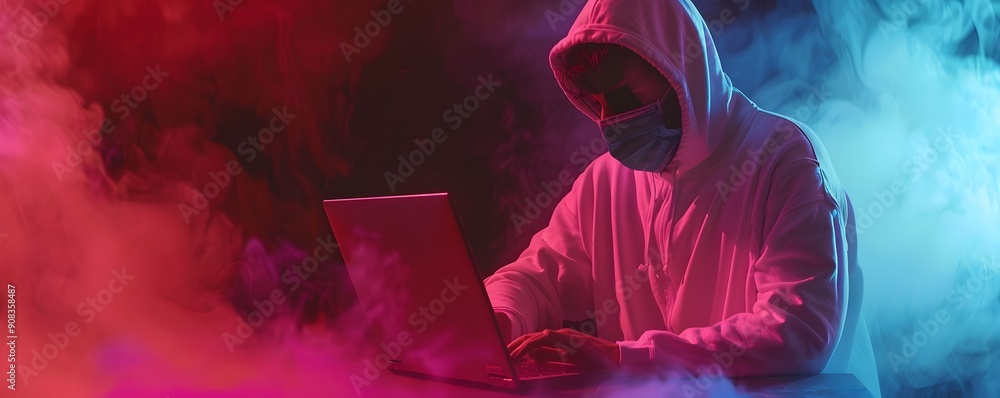 Hacker in a neon mask. Cyber criminal with laptop. Cyber crime, hacker activity, digital system ...