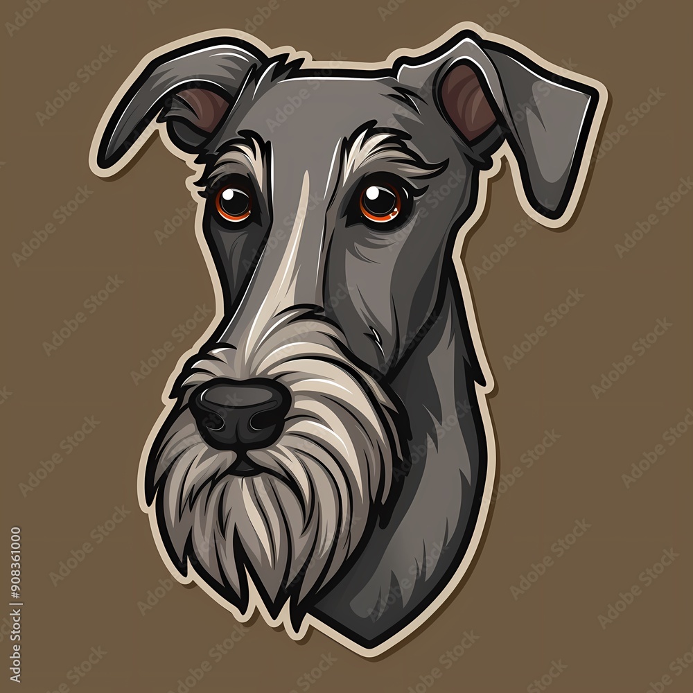 Stylized illustration of a grey dog with expressive eyes and a bushy ...