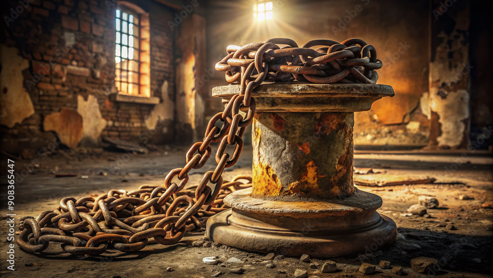 Old rusted chains wrapped around a broken stone pedestal in a dimly lit ...