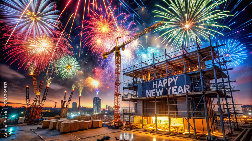 Colorful fireworks explode in the night sky above a construction site ...