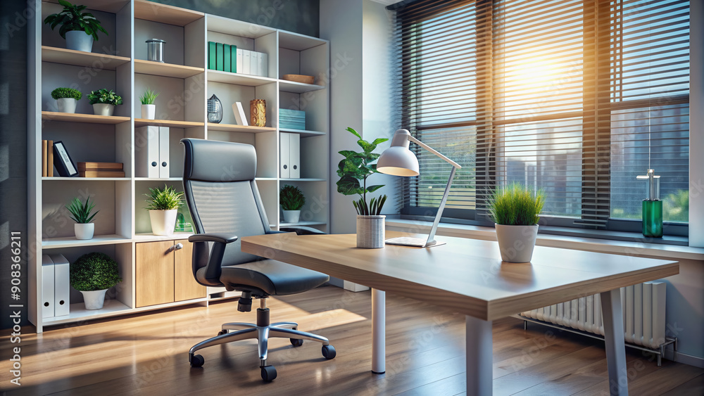 Clean and modern office space with empty desk, chair, and shelf ...