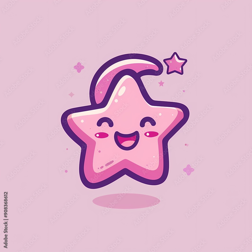Cute pink star character with a smiling face on a soft pink background ...