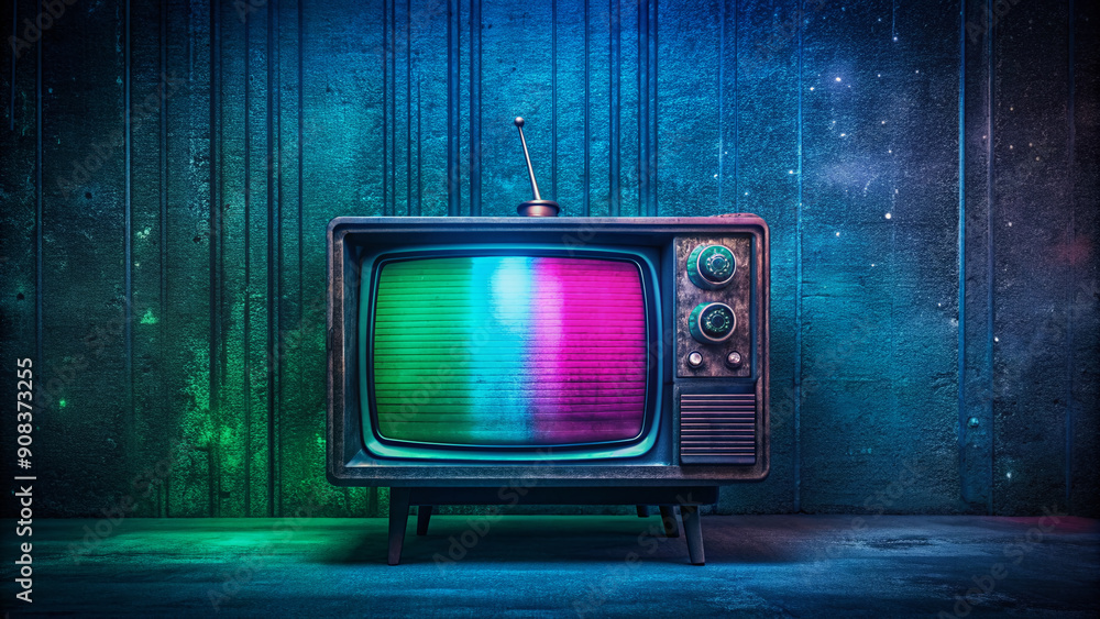 Vintage distressed TV screen with analog static noise, neon pink and ...