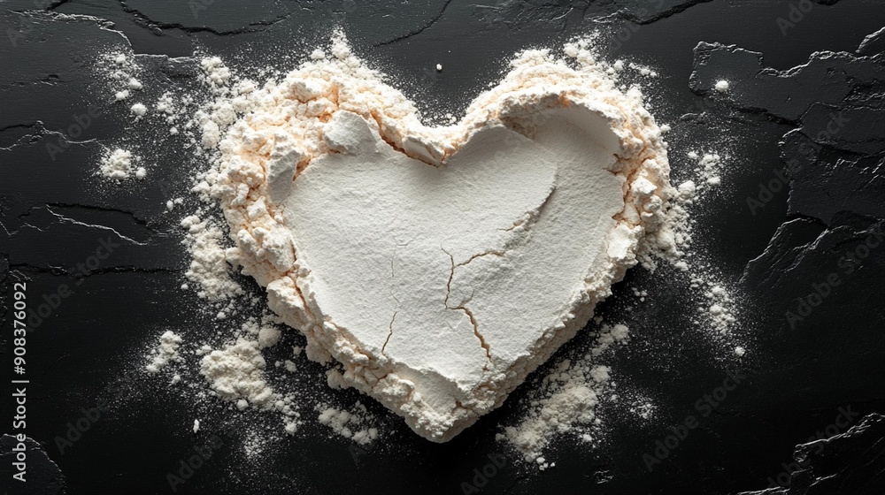 Series of images showing white powder arranged in heart shape and a ...