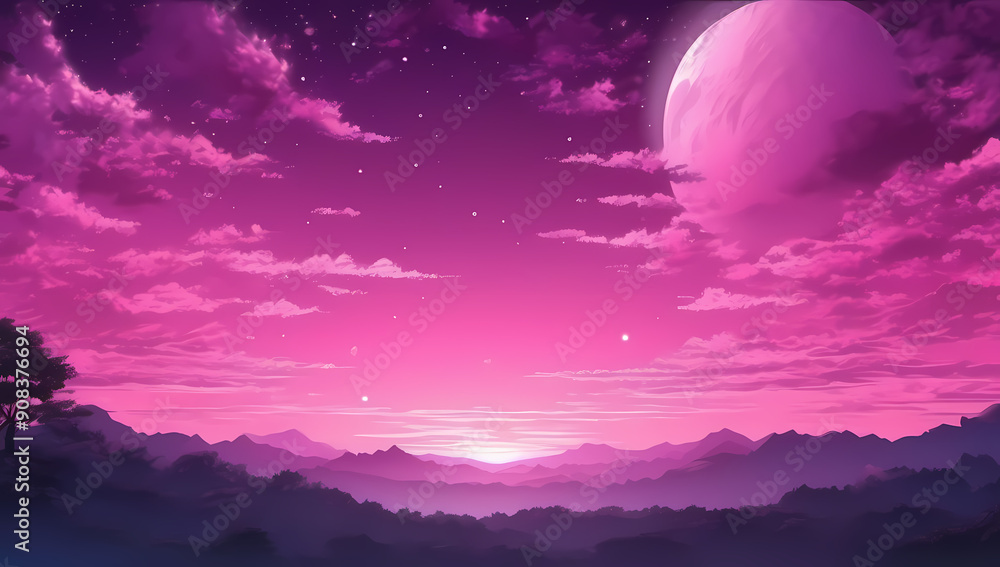 pink anime fantasy night sky moon stars space wallpaper background room ...