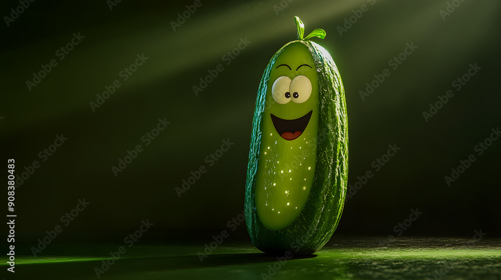 Whimsical and playful smiling cucumber character in a surreal ...