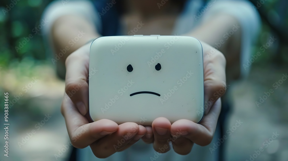 Hand holding sadness or unhappy face and low battery Low energy no ...