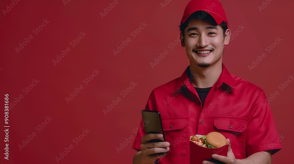 Young Asian male fast food crew in red uniform delivering take away ...