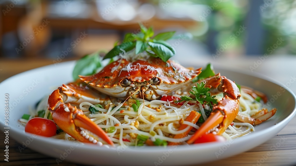 Thai style green curry coconut creamy spaghetti deep fried soft shell ...
