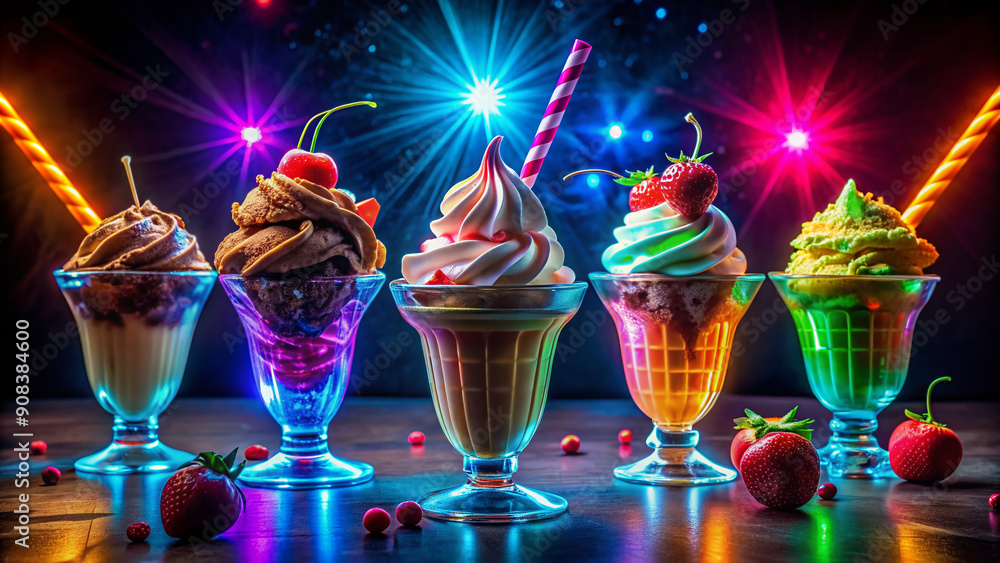 Colorful neon lights illuminate frosty ice cream cones and sundaes ...