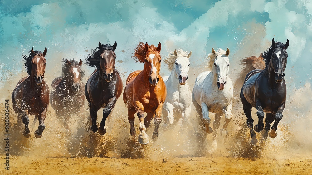 8 Horses running show speed and power, movements water color, High ...