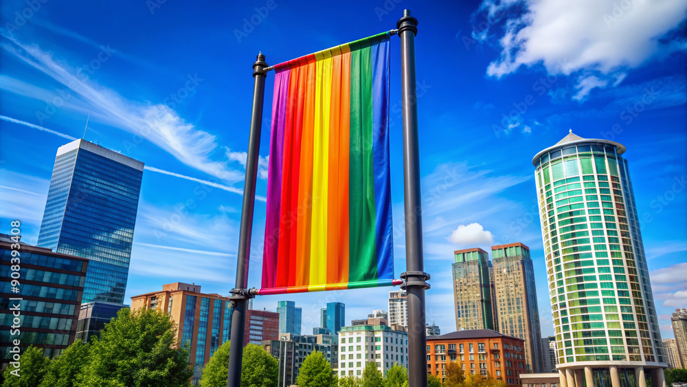 A majestic tall banner stands proudly against a clear blue sky, its ...