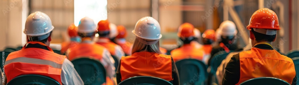 Nuclear facility staff attending a safety protocol training, front view ...