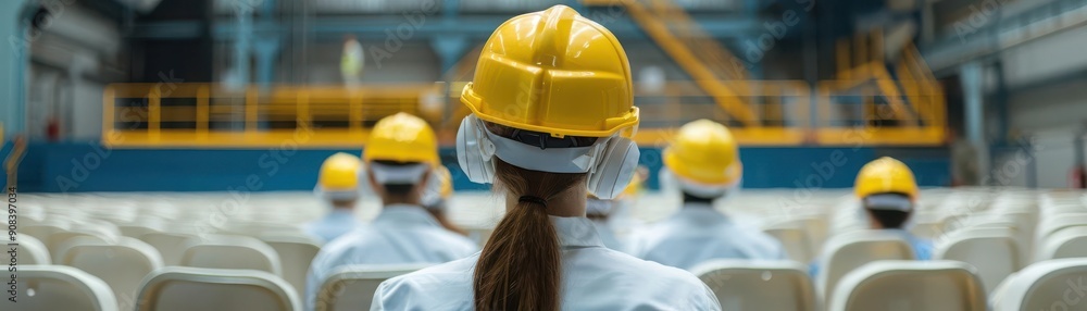 Nuclear facility staff attending a safety protocol training, front view ...