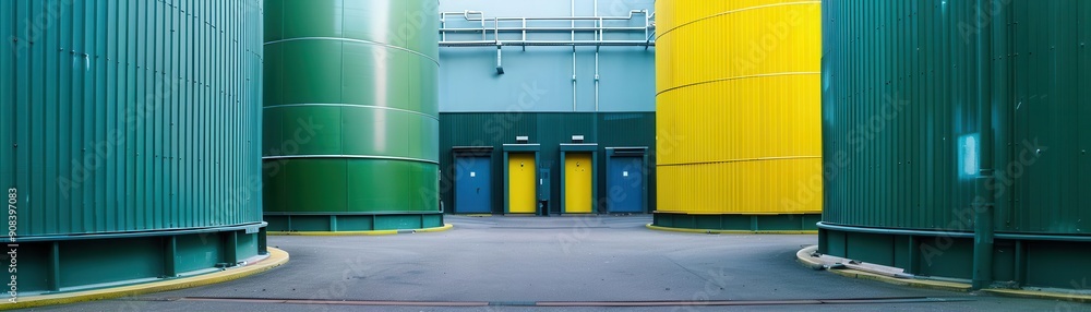 Nuclear waste management facility with secure storage units, front view ...