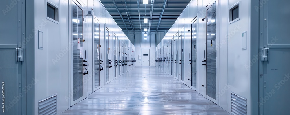 Rows of secure storage units in a nuclear waste management facility ...