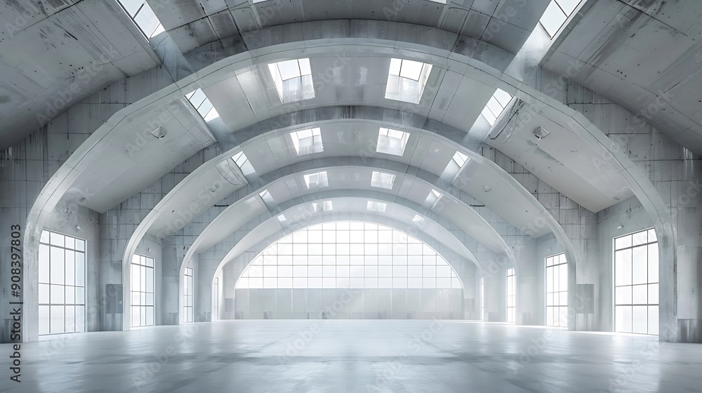 Huge empty industrial warehouse building White interior Hemispherical ...
