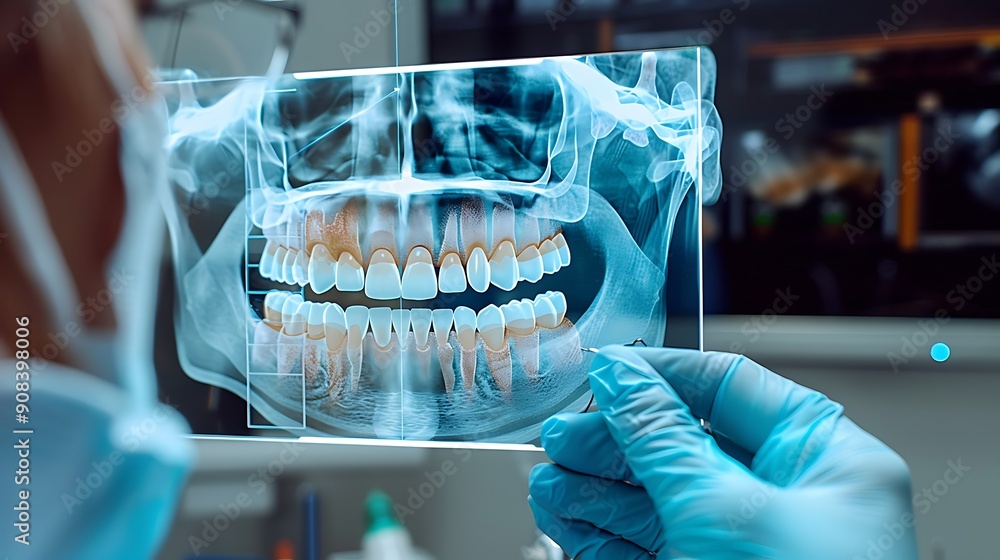 Dentist examining a dental x-ray looking closely at the teeth jaw and ...