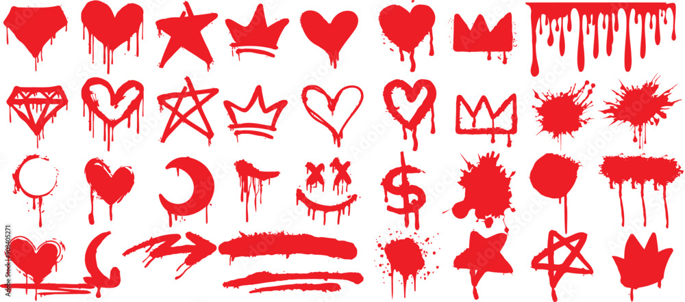 Spray paint drips, graffiti, red, heart, star, crown, dollar sign ...
