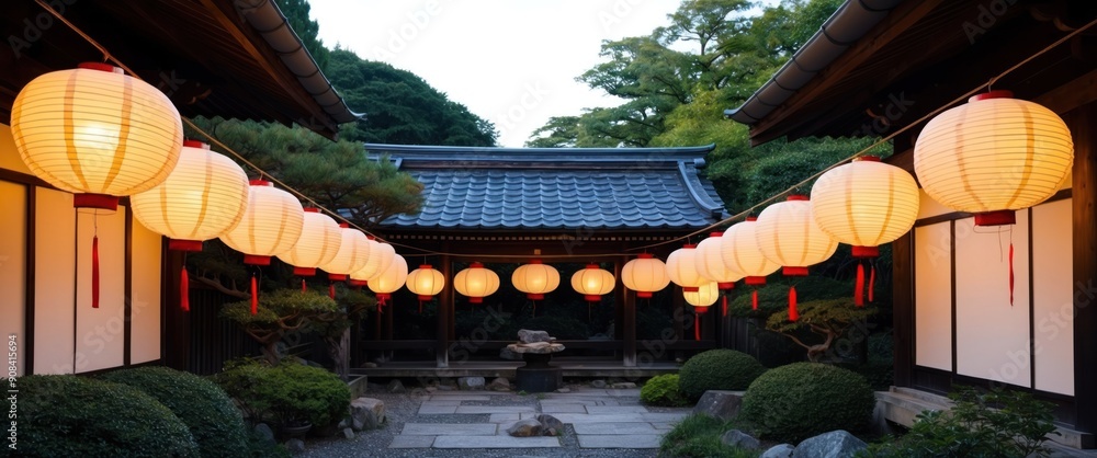 Glowing paper lanterns hang in a tranquil Japanese garden, celebrating ...