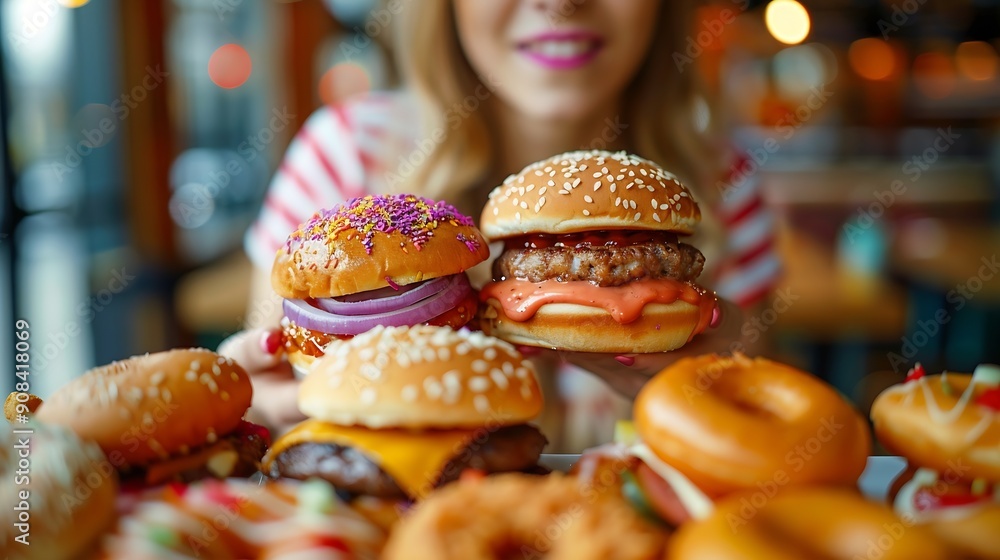 unhealthy woman eating fast food burgers fried chicken donuts and ...