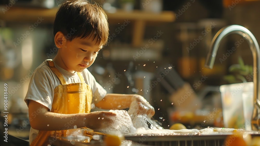 Housekeeping home chores Child help in washing dishes at kitchen Kid ...