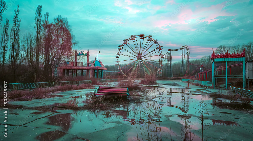 Abandoned Theme Park, haunting abandoned amusement park shrouded in mist rusted rides, post ...