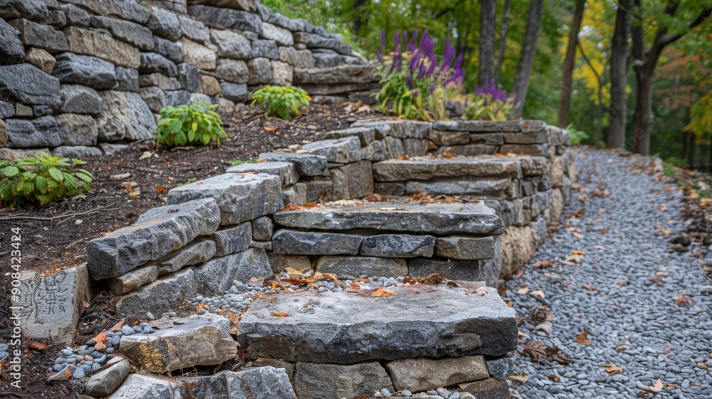 Structured stone retaining wall with stability and support Stock ...