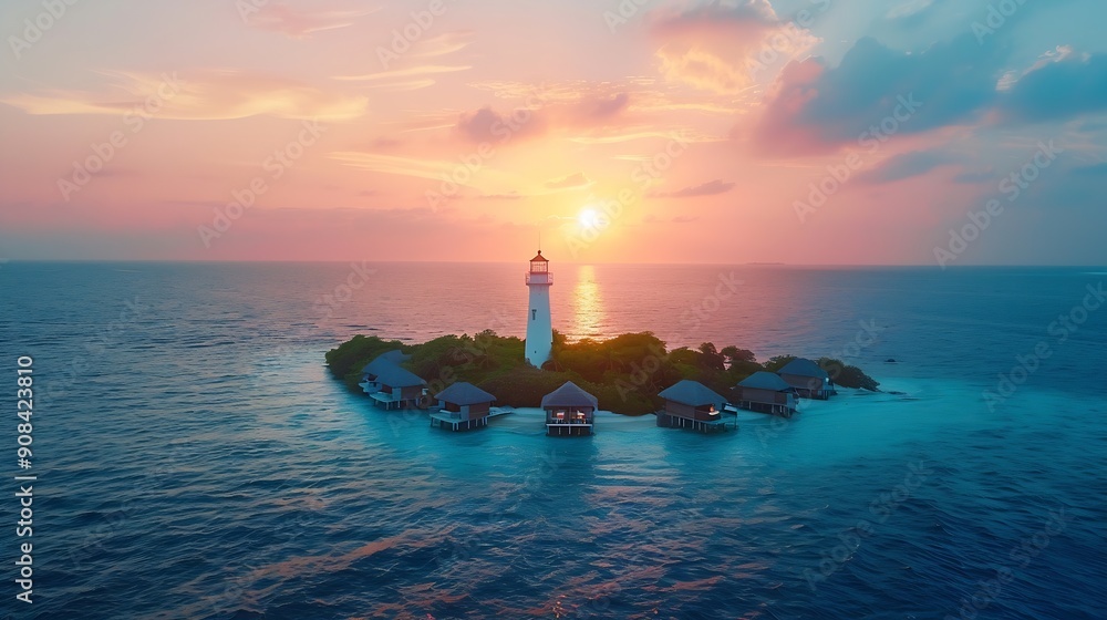 Aerial view of a lighthouse of a luxury resort with bungalows on a ...