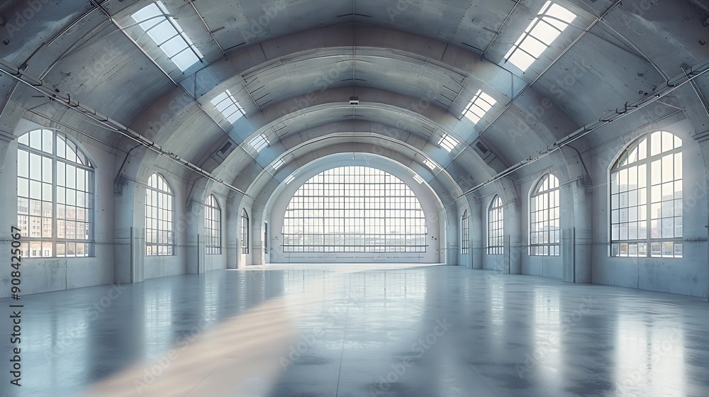 Huge empty industrial warehouse building White interior Hemispherical ...