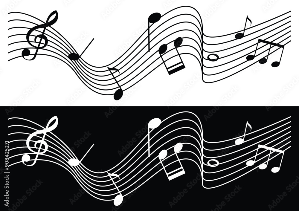 Musical note wave. Music notes melody or tune line or flat vector ...