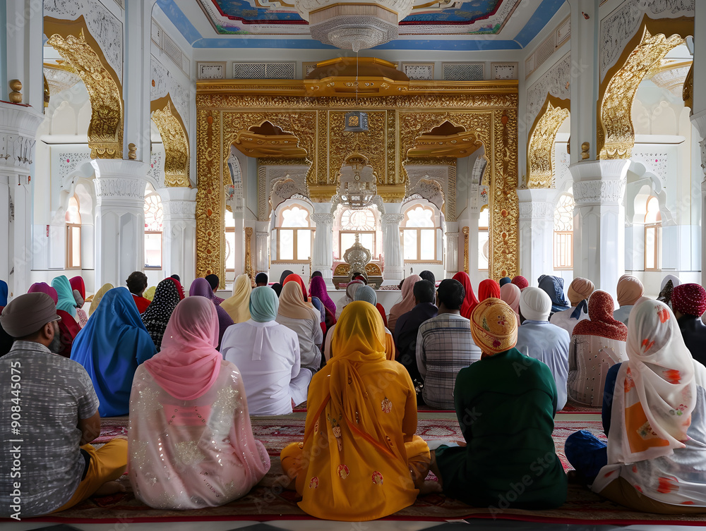 Sikh worshippers in traditional attire singing hymns during a religious ...