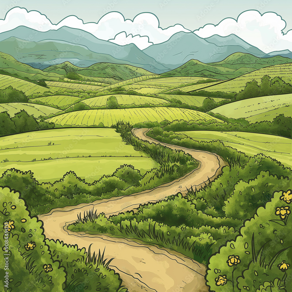 cartoon illustration of a winding dirt road in a green valley Stock ...