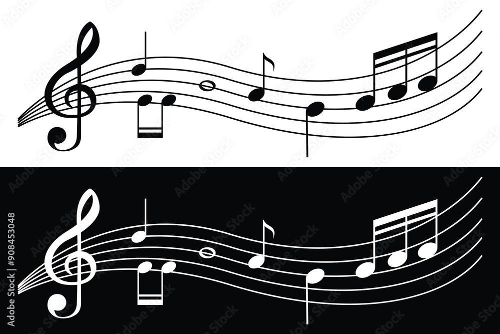 Musical note wave. Music notes melody or tune line or flat vector ...