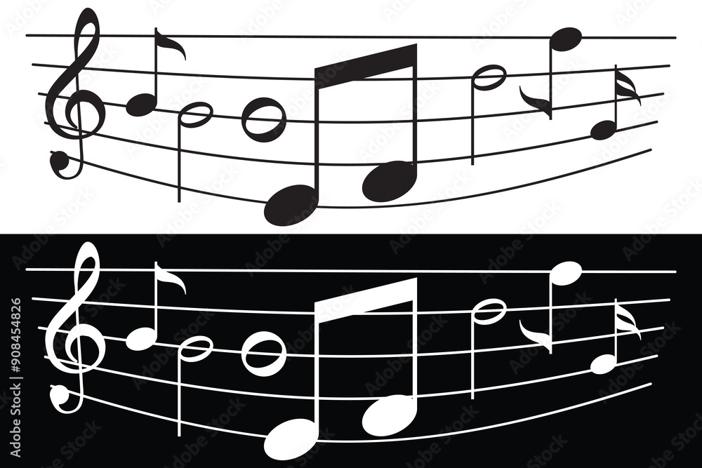 Musical note wave. Music notes melody or tune line or flat vector ...