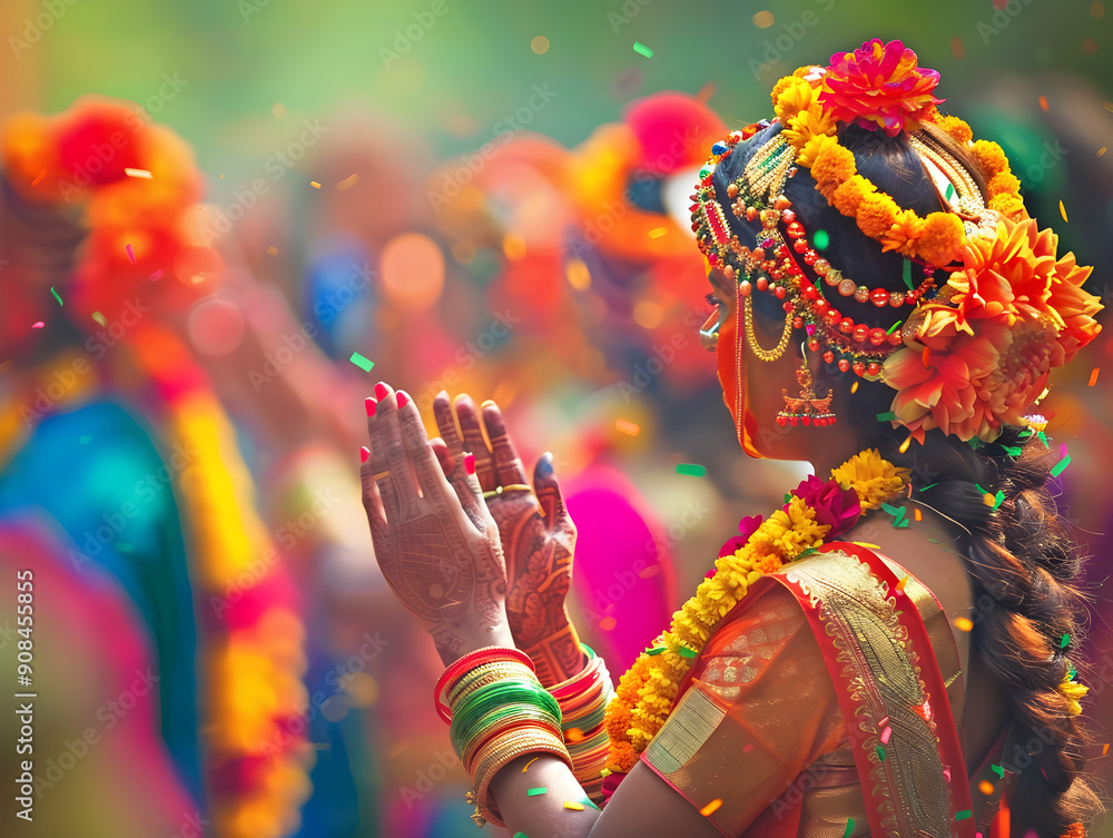 Colorful Hindu festival celebration with participants wearing vibrant ...