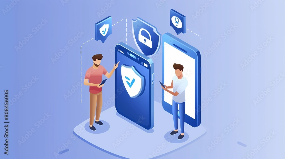 An isometric illustration depicts people talking on the phone, with ...