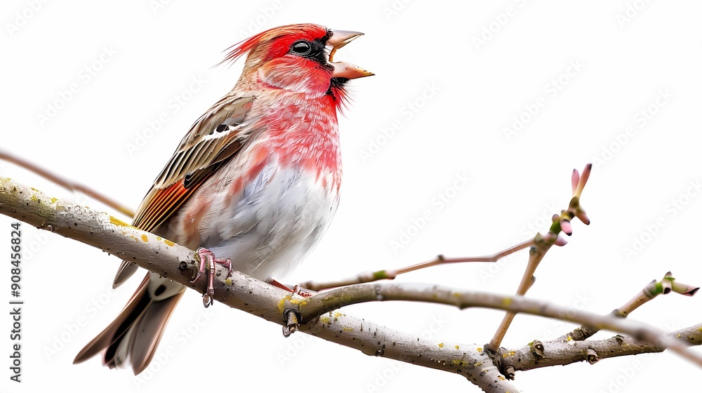 Beautiful red finch with long neck and open beak chirping with clear ...