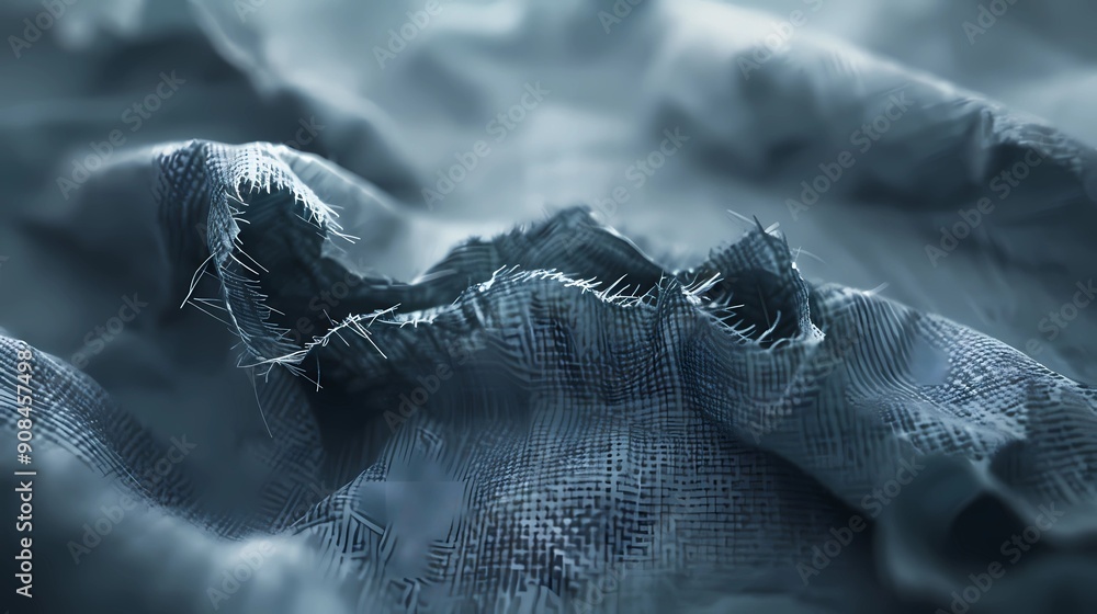 A piece of fabric with a long thin hole torn in it, frayed and curled ...