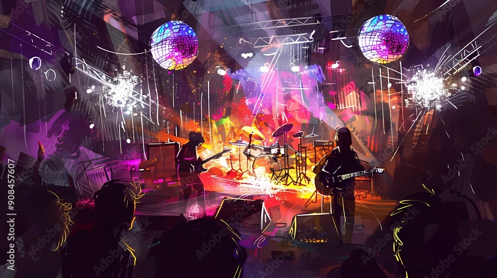 A stage with band playing on stage with cold spark pyrotechnics, gian ...