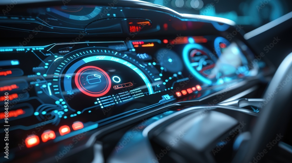 Electric or hybrid car dashboard display, futuristic hud, charging ...