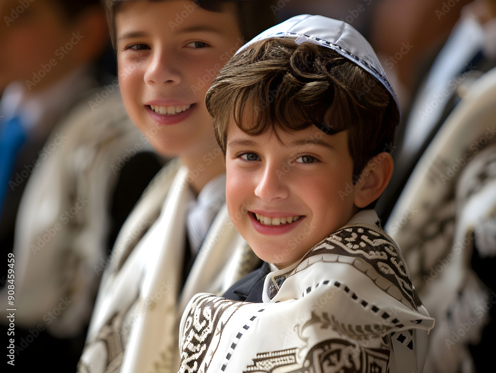 Boy wearing traditional Jewish garb is celebrated by family and friends ...