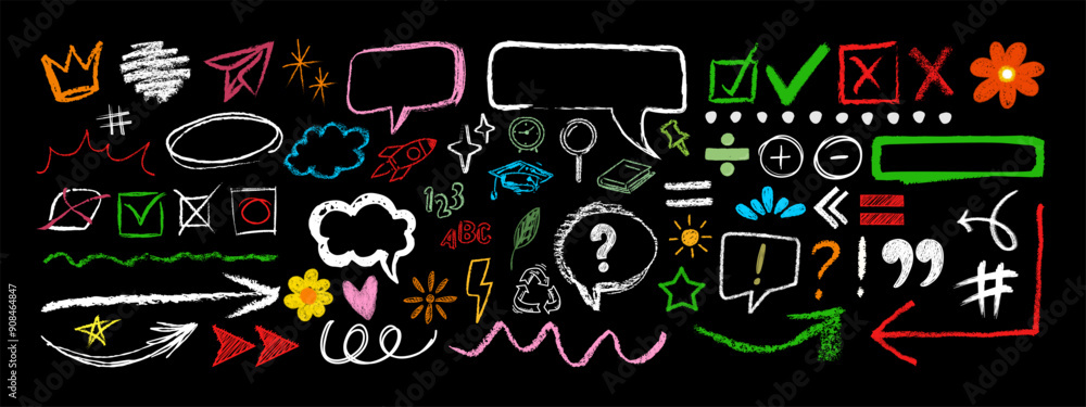 Hand drawn crayon texture design elements. Chalk pencil sketch set of ...